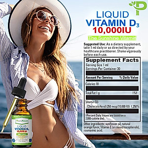 Power By Naturals Vitamin D3 Liquid Drops 10000 IU - High-Potency Vitamin D3 for Adult Bone Strength & Immune Support - Gluten-Free, Non-GMO, Sugar-Free Vitamin - Orange Flavor, 1 fl Oz (30 Servings)
