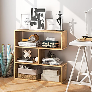 Tangkula 3 Cubes Bookcase, Irregular Open Bookcase, Freestanding Bookshelf Combination, Anti-Tipping Device, Home Display Storage Shelf for Living Room Study (Natural, 3-Cube, Concave)