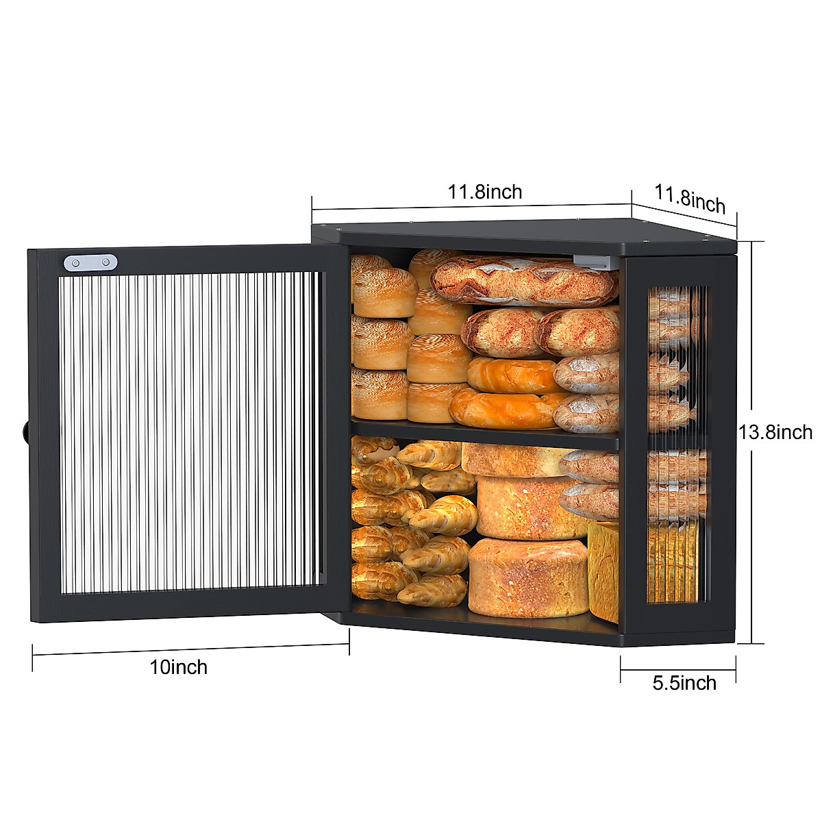 Corner Bread Box Extra Large Bamboo Wood Bread Box for Kitchen Countertop - Double Bread Container with Adjustable Height - Modern Black Easy To Assemble