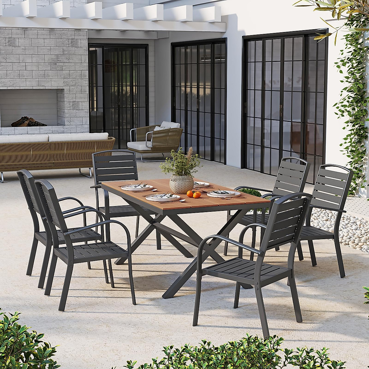 Patiorama Aluminum Outdoor Dining Chairs Set of 4, Stackable Outdoor Patio Chairs Set of 4, All-Weather Bistro Chair with Armrest, Faux Wood Outdoor Dining Chairs for Indoor Yard Garden-Black