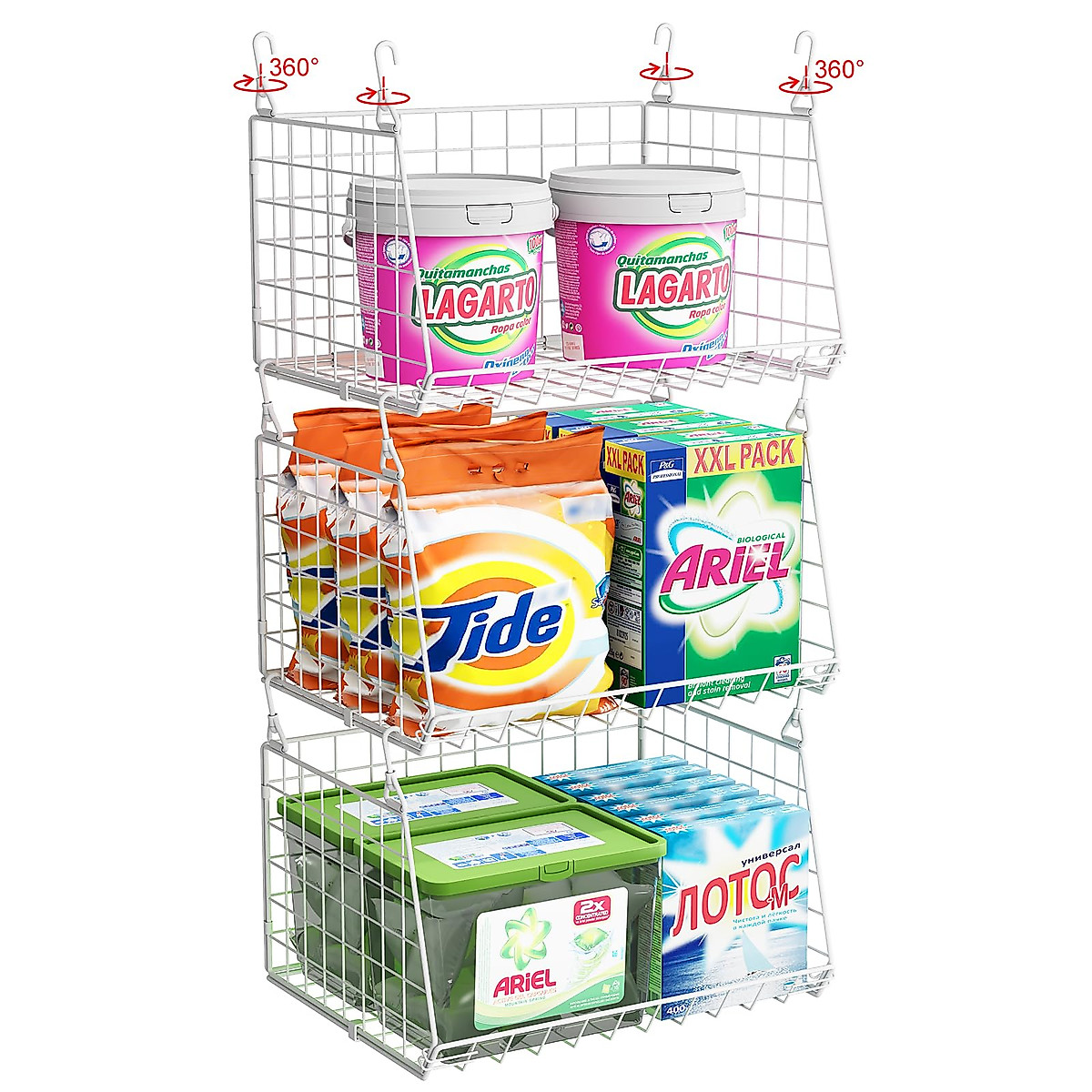3-Tier Hanging Laundry Basket Organizer：Foldable Wire Shelf Laundry Room Organizer with 360°Rotating Hooks Space Saving Over Washer and Dryer Shelves - Metal laundry organization and storage, white