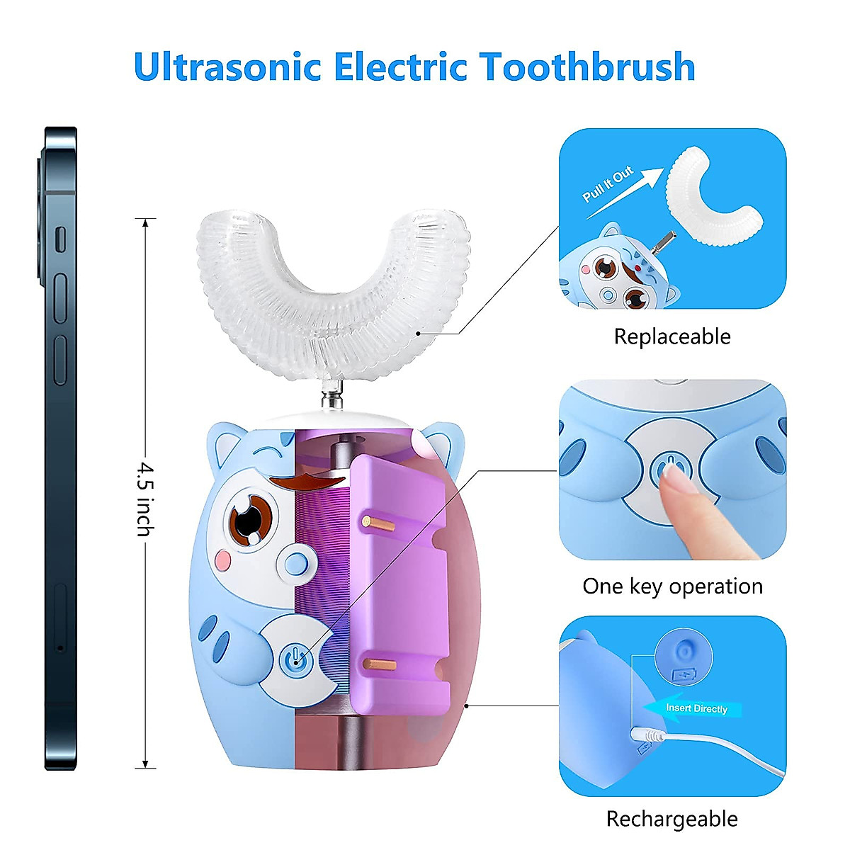 Kids U Shaped Electric Toothbrush U Shaped Automatic Toothbrushes 360° Cleaning with Six Smart Modes Auto Whitening Toothbrush IPX7 Waterproof Design for Toddler Children (8-15 Age (Blue))