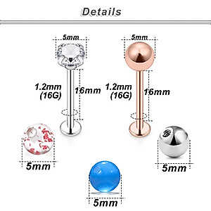 Ocptiy 16G Cheek Dimple Ring Piercing Jewelry Flat Back Tongue Ring Extra Long Lip Labert Medusa Monroe Ashley Ring Stud 16 Gauge Plastic Replacement Piercing Ball Jewelry Men Women Silver Black 16mm