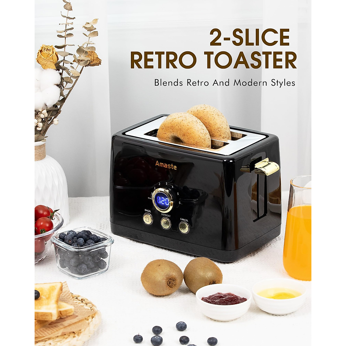 2 Slice Toaster, Retro Bread Toaster with LED Digital Countdown Timer, Extra Wide Slots Toasters with 6 Shade Settings, Bagel, Cancel, Defrost Function, High Lift Lever, Removal Crumb Tray, Black