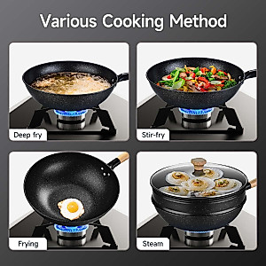 KYTD Non-Stick Wok with Steamer Basket,12 Inches Stir Fry Pans with Lid, Wok Pan Flat Bottom Multifunctional Cookware Chinese Wok for Induction, Gas, Halogen