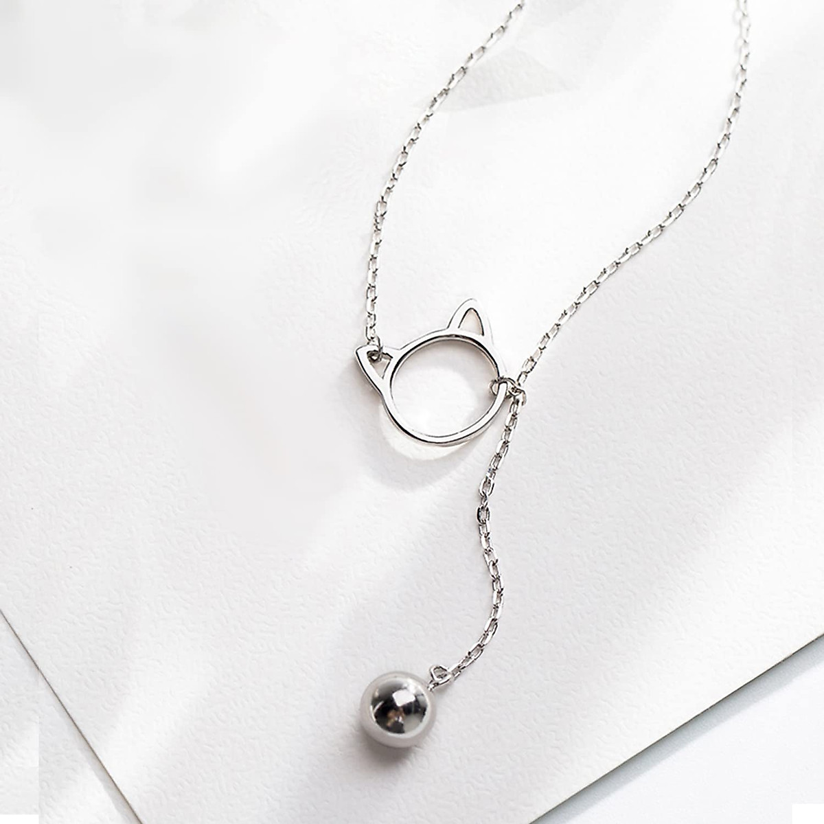 Dankadi Fashion Women 925 Sterling Silver Necklace - Cute Cat/Bell Pendant choker 11x11x5mm - Clavicle Rolo Chain 17 Inch Fine Jewelry Gift