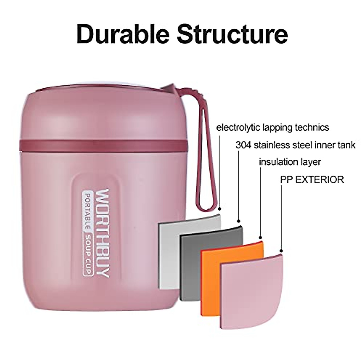 WORTHBUY Leak Proof Thermal Insulated Food Jar with Foldable Spoon, Lunch Containers Soup Cup for Kids and Adult, 16oz Capacity - Pink