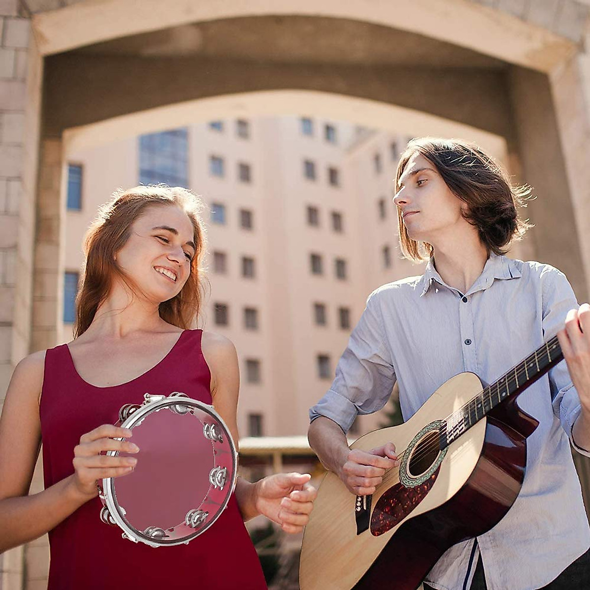 ENNBOM Tambourine Adjustable Tone Hand Drum Double Row Metal Jingles Hand Bell Performance Level Handheld Percussion (Red)