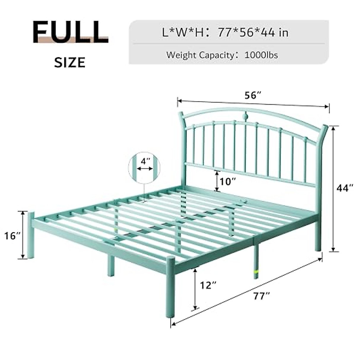 iPormis Full Size Metal Platform Bed Frame with Modern Iron-Art Headboard/Heavy Duty Steel Slats Support/Under Bed Storage/No Box Spring Needed/Easy Assembly/Noise-Free/Mint Green