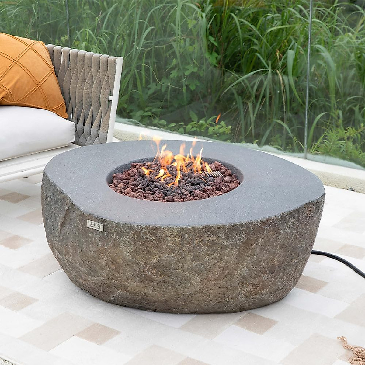Boulder Concrete Fire Pit 43" x 35" Outdoor Patio Natural Gas Firepit Includes Lava Rocks Modern Fire Pits & Outdoor Fireplaces for Garden, Deck, Indoor & Outdoor Heating