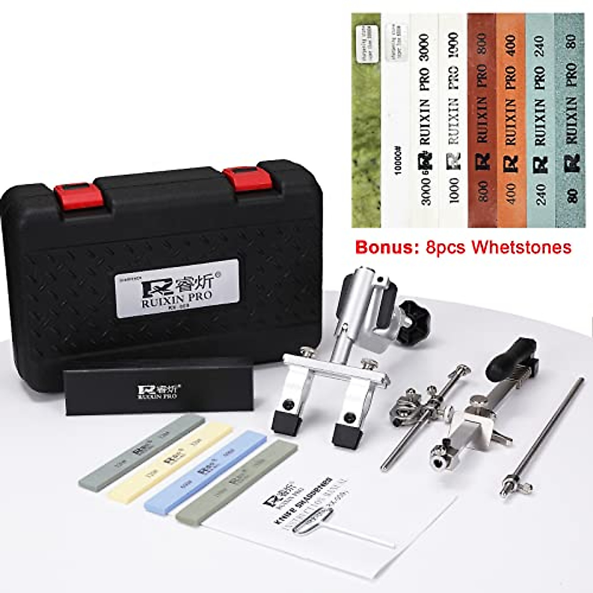 RUIXIN PRO RX-009 Professional Knife Sharpener with 12 Whetstones, 360° Rotation Flip Design Fixed-Angle Stainless Steel Kitchen Chef Knife Sharpening Kit Holding System Tools