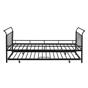 Full Size Daybed with Trundle Twin, Heavy Duty Daybed with Curved Handle and Slats, Metal Daybed for Kids, Girls, Boys, No Box Spring Needed, Black Day Bed Full Size