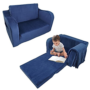 Wonder Space Kids Foam Couch with Blanket, Pre-Assembled Toddlers 2-in-1 Convertible Sofa, Indoor Foadable Lounger Chair & Flip Open Floor Bed for Boys & Girls (Navy Blue)