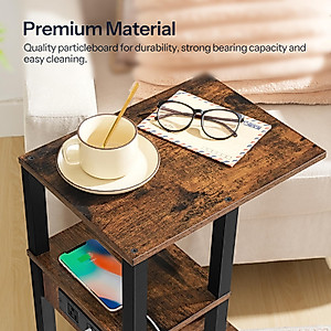 HOOBRO C Shaped End Table Set of 2 with Charging Station, Side Table with 2 USB Ports and Outlets, TV Tray Table, Couch Table for Small Spaces, Living Room, Bedroom, Rustic Brown and Black BF62USFP201