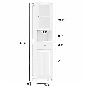 Rovaurx Tall Bathroom Floor Cabinet with Glass Doors, Narrow FreeStanding Storage Cabinet with Adjustable Shelf, Wooden Bathroom Storage Cabinet, Pantry with Drawer, White BMGZ105W