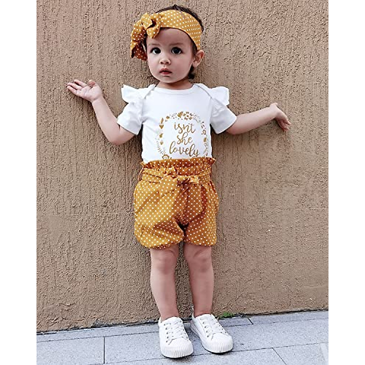 Newborn Baby Girl Clothes Outfits Cute Baby Ruffle Romper Pants with Headband Summer Clothing Set (Khaki, 12-18 Months)