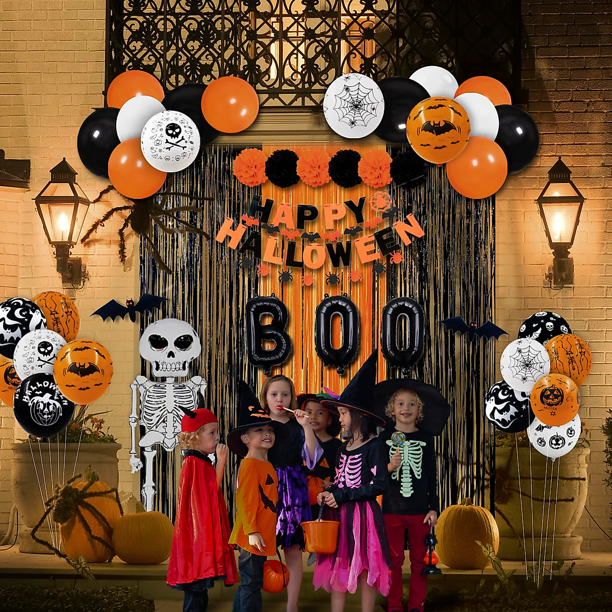 Party Spot! 120 Pcs Halloween Party Decorations, 5 Ft Jumbo Foil Balloon, Happy Halloween Banner, 60 pcs Balloons, Treat or Trick Goodie Bags, Spider Bat Banner,Foil Curtains, Halloween Party Supplies