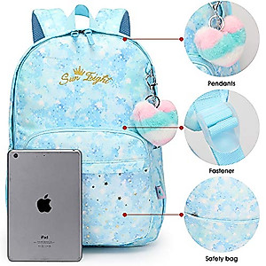 Caran·Y Waterproof Girls Backpack for Kids in Elementary School bag Large space Love decoration Starry pattern Fit Over 6 years old Backpack for Toddler Girls Book Bag（Aqua Blue）