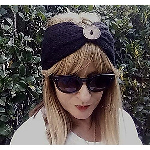Handmade Black Knitted Wool Headband Ear Muffs with Coconut Button