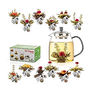 Tealyra - 12 pcs Blooming Tea and 30.5-ounce Glass Teapot Set - 12 Variety Flavors of Finest Flowering Teas - All Tea Balls Individually Sealed - Great Gift Bloom Teas Box
