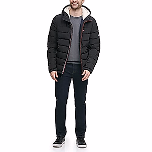 Tommy Hilfiger Men's Midweight Sherpa Lined Hooded Water Resistant Puffer Jacket, Black Tech, Small