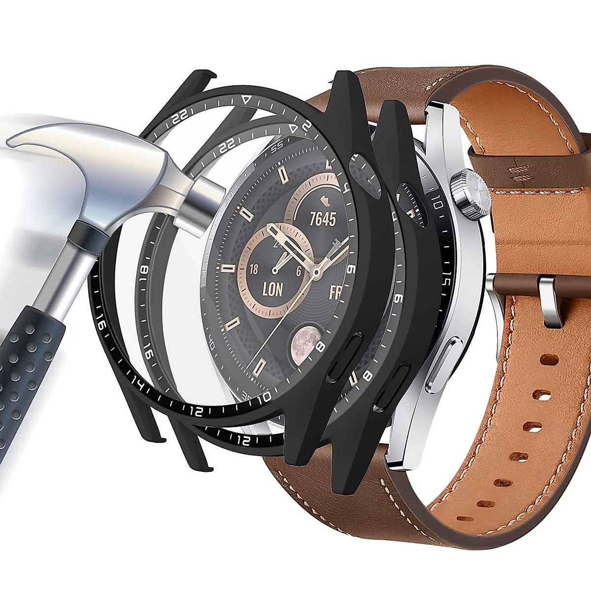 Acadeny [2-Pack] Case with Tempered Glass Screen Protector Compatible for Huawei Watch GT3 46mm, 9H Hardness 360° All-Round Protective Ultra Thin Protective PC Case Cover for - Black Black, 2black