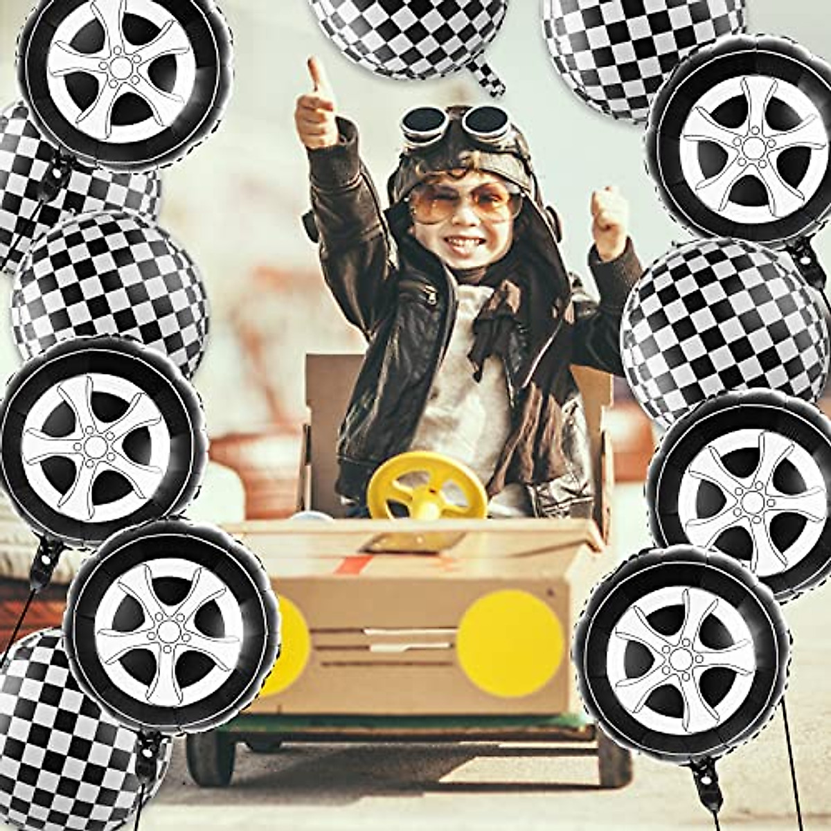12 Pieces Black and White Checkered Balloons, Race Car Balloons Car Wheel Balloons Tire Balloons Aluminum Foil Checkered Flag Balloons for Racing Theme Birthday Party Decoration Supplies 18 Inch