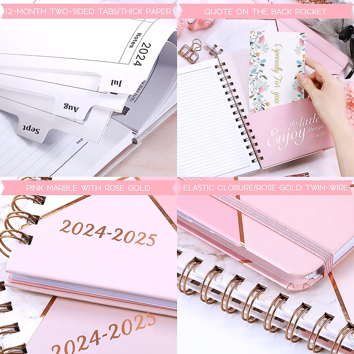 2024-2025 Planner - July 2024 - June 2025, Planner 2024-2025, 6.3" x 8.4", 2024-2025 Weekly and Monthly Planner with Marked Tabs - Pink Marble