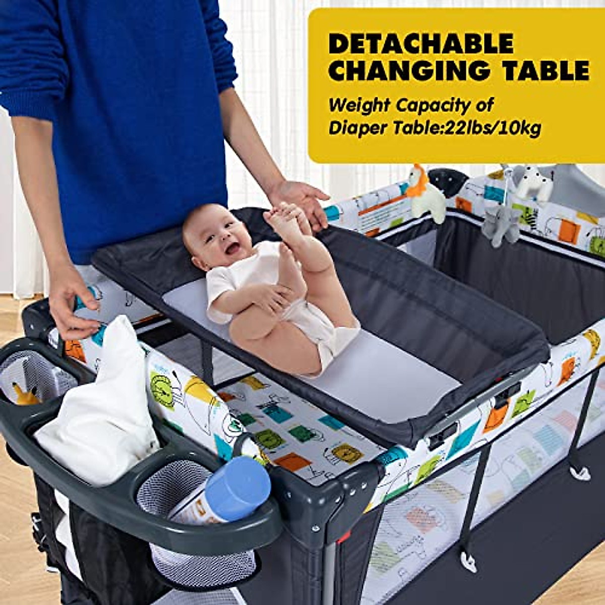 Baby 5-in-1 Pack and Play with Bassinet, Bassinet Bedside Sleeper 5 Functions, Baby Crib with Mattress, Diaper Changer, Playard and Music Box, Bedside Crib for Newborn to Toddles