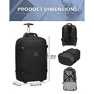 Hynes Eagle 42L Rolling Backpack Wheeled Backpack Flight Approved Travel Backpack Carry on Luggage Black with 3PCS Packing Cubes Set Teal