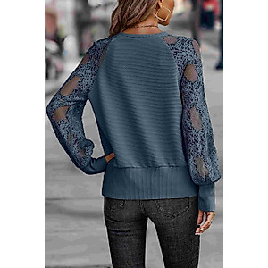 Trendy Queen Womens Fall Fashion 2023 V Neck Puff Lace Long Sleeve Shirts Crochet Hollow Out Elegant Blouses Casual Bobo Clothes Crochet Tunic Tops