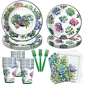 Xigejob Succulent Party Decorations Tableware - Succulent Baby Shower Decorations Dinnerware, Plate, Cup, Napkin, Fork, Cactus Succulent Party Supplies For Birthday Bridal Shower Wedding | Serve 24