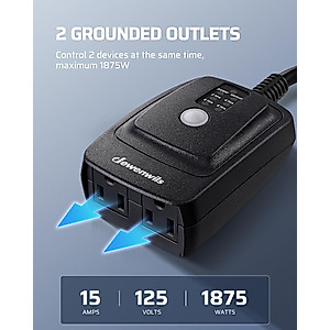 DEWENWILS Light Sensor Timer Waterproof, Plug in Timer Switch, 100 ft Range Remote Control with 2 Grounded Electrical Outlets for Outdoor String Lights, 15A 1/2HP UL Listed