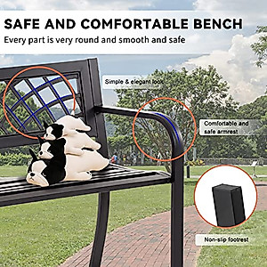 Patio Bench, 4 Feet Rust-Proof Cast Iron Park Bench, Hold 480 lbs Heavy-Duty Metal Outdoor Furniture Bench Seat, with Plastic Backrest Armrests Sturdy Steel Frame Front Porch Bench for Yard Porch