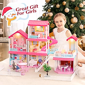Doll House, Dream House for Girls 3 Stories 7 Rooms Dollhouses with 3 Dolls Toy Figures, Swim Pool, Slide, Furniture and Accessories, Pretend Playhouse Gift Toy for Kids Ages 3 4 5 6 7 8+