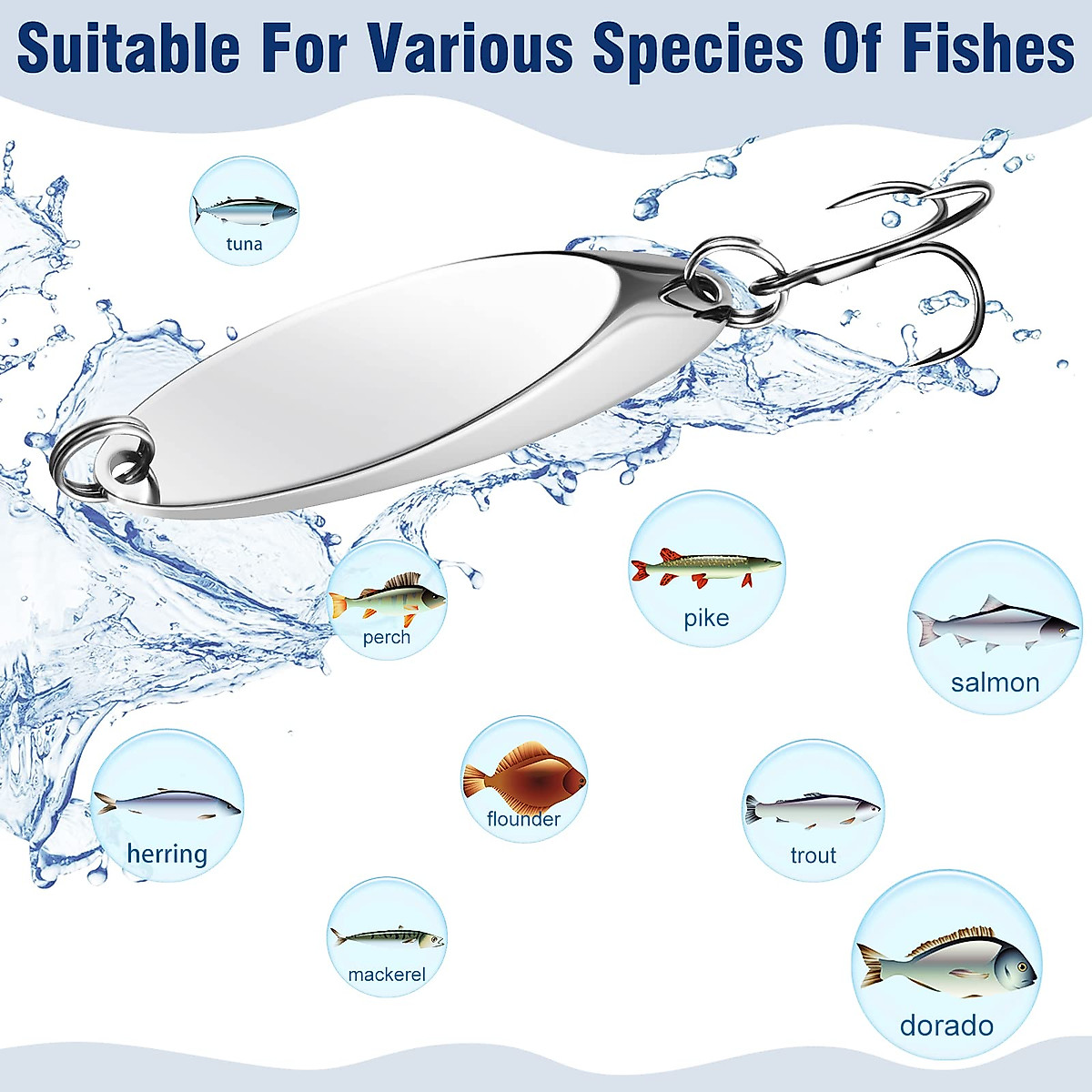 HESTYA 20 Pieces Fishing Lures Fishing Spoons Saltwater Treble Hooks Lures Hard Metal Spinner Baits 5 Sizes Casting Spoon Lures for Salmon Bass in 1/5 oz 1/4 oz 3/8 oz 1/2 oz 3/4 oz (Silver)