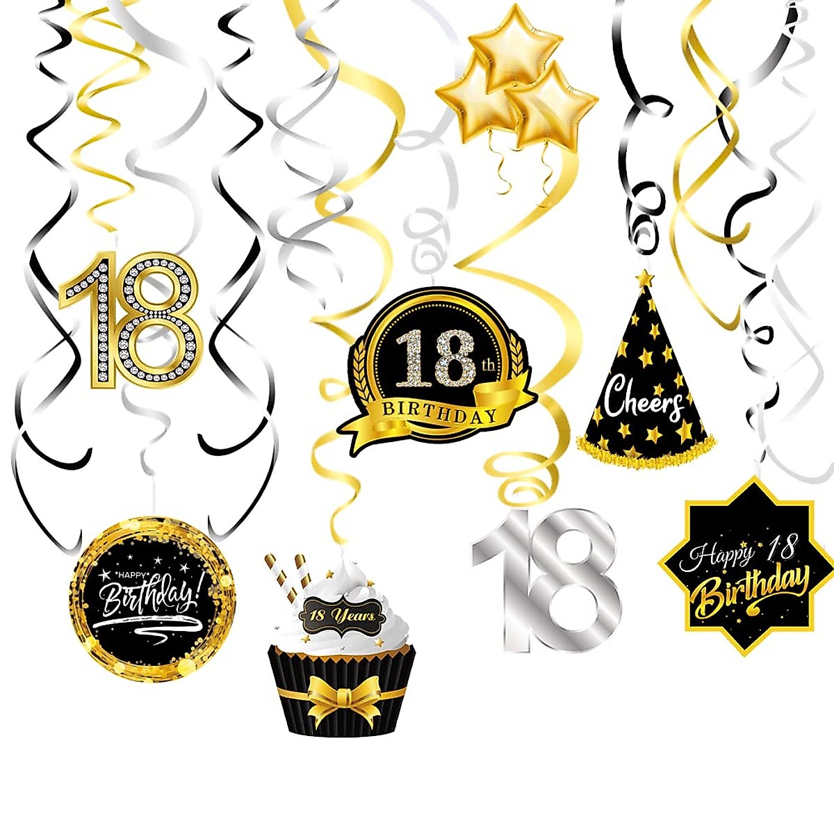 18th Birthday Decoration Ceiling Hanging Swirls(16 Pcs), Happy 18th Birthday Party Silver Black Gold Foil Swirl Streamers, Birthday Party Supplies