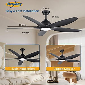 Newday 60 inch Black Ceiling Fan with Light Remote Control, Dimmable 3 CCT LED Ceiling Fans with Lights, 6 Speeds Reversible DC Motor Modern Ceiling Fan for Living Room Bedroom Indoor Outdoor