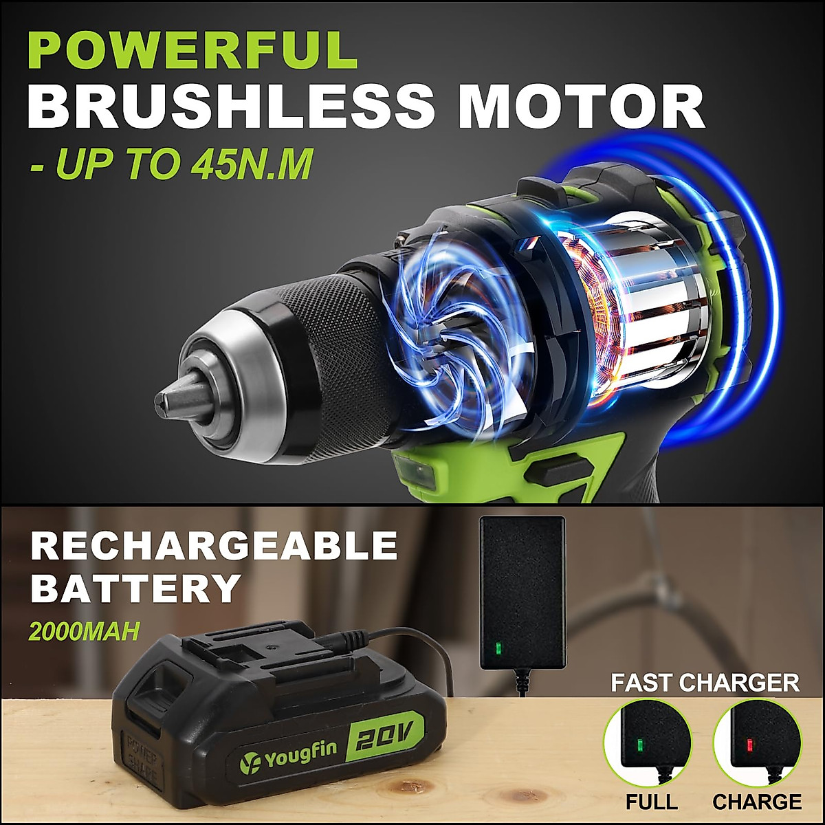 YOUGFIN Brushless Cordless Drill Diver Set Heavy Duty for Home Use, 20v Rechargeable Battery Powered Drills with Charger 45N.M, 23+1 Torque, 2 Speed Mode Electric Wall Drill Machine 2-13mm Chuck