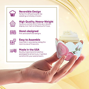 Pink Blush and Gold Party Cupcake Wrappers, 1st Birthday, Fairy Princess Birthday Parties, Sweet 16, Floral, Baby Shower Decorating Supplies, Bridal Shower, Wedding Cupcake Holder - 24 Count