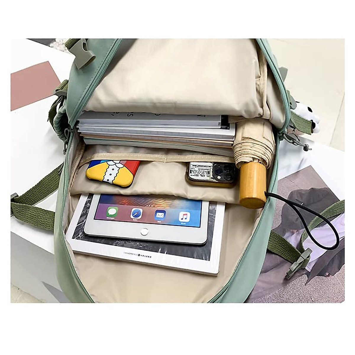 MWZING Kawaii Backpack with Lunch bag Kawaii Shoulder Bag Cute Aesthetic Backpack with Cute Pin Accessories Plush Pendant PINK