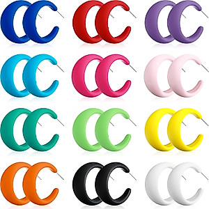 MTLEE 12 Pairs Acrylic Earrings Colorful Hoop Earrings Trendy Earrings Chunky Earrings Cute Candy Earrings Jewelry for Women (Rainbow Color, Stylish Style)