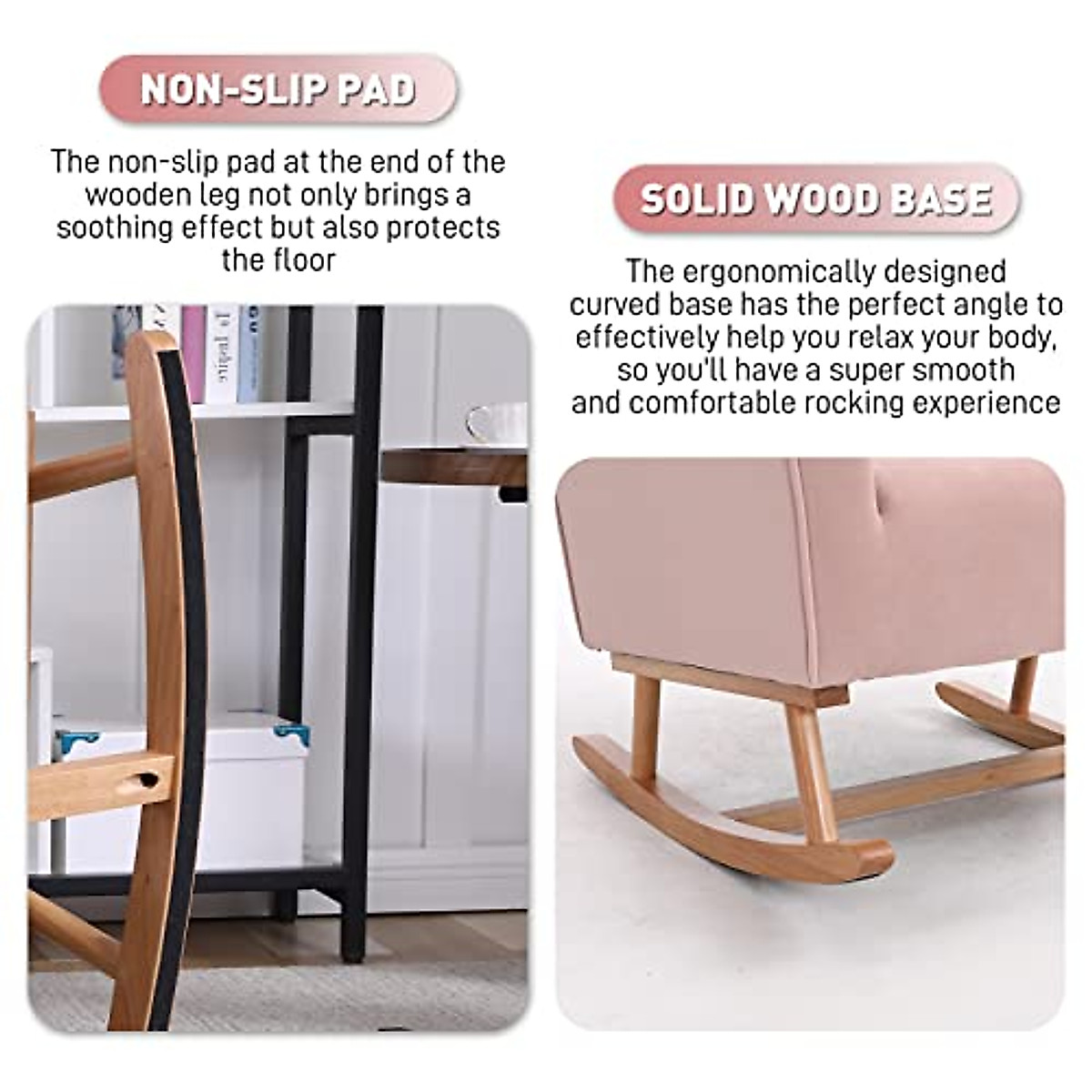 Rophefx Velvet Nursery Rocking Chairs, Glider Rocker for Baby Nursery with Solid Wood Base, Modern Accent Armchair with High Backrest, Pink