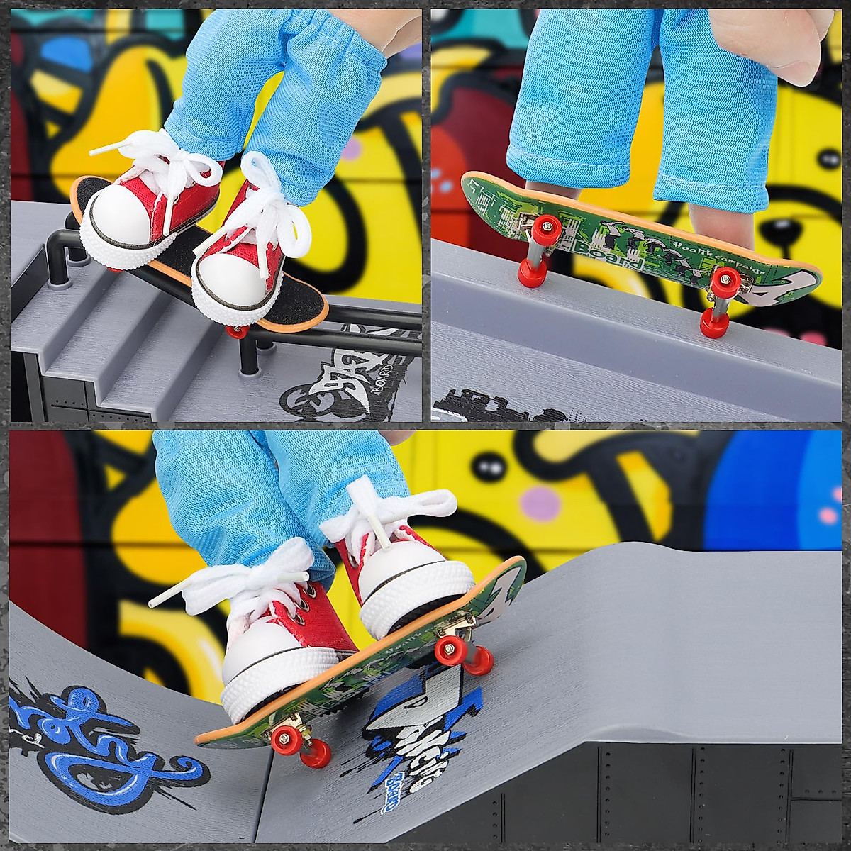 KETIEE Mini Finger Skateboard Ramp, Skate Park Kit with Fingerboard & Mini Finger Shorts for Fingerboards Training Props Interactive Freestyle Skate Game, Finger Skateboards for Kids (A, Red)