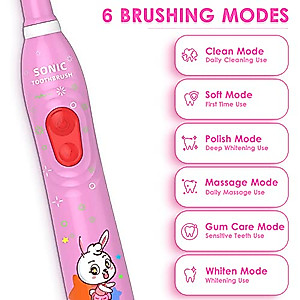 CHAIN PEAK Kids Sonic Electric Toothbrush, Rechargeable Smart Toothbrush for Children Toothbrush for Toddlers Age 3-12 with 30s Reminder, 2 Mins Timer, 6 Modes, 6 Brush Heads, Wall-Mounted Holder