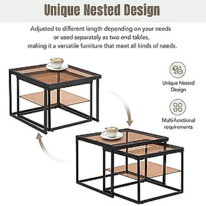 Modern Nested Coffee Table Set with High-Low Combination Design,Adjustable 2 Tier Living Room Center Table and end Table with Metal Frame and Brown Tempered Glass. (Black~Metal Frame)