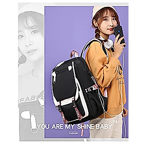 PSHNDB Kpop BTSS Backpack With Audio Cable USB Charging Port JIMIN SUGA JIN TAEHYUNG V JUNGKOOK JHOPE RM Korean Casual Laptop Bag College School for Girls Army Fans Gifts (Black), 18*11.4*6.3 Inch