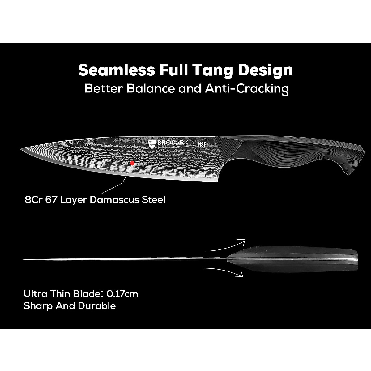 BRODARK Damascus Chef Knife 8 Inch - Ultra Sharp Kitchen Knife, Japanese Knife with Full-Tang Ergonomic Handle, Cooking Knife for Home, Restaurant (Dark Horse Series)