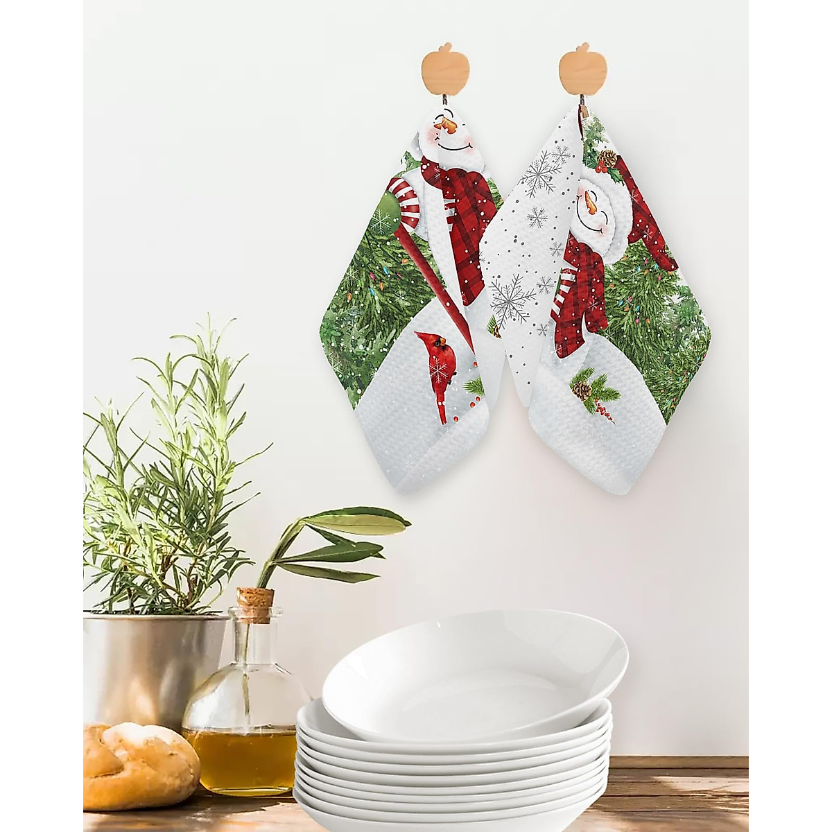 Hokiten Christmas Snowman Waffle Kitchen Towels Dishcloths, Green Xmas Tree Winter Snowflake Absorbent Dish Towels | Hand Towels for Bathroom/Bar, 12 x 12 Inch, 2 Pcs