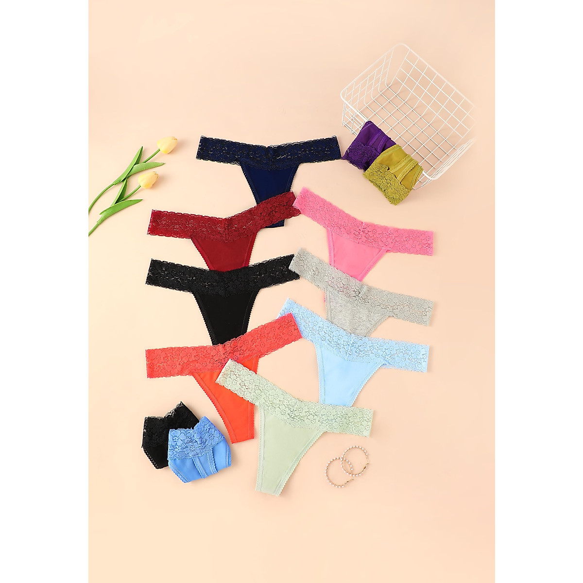 OLIKEME Seamless Thongs for Women, T Back Low Waist See Through Panties Sexy Thong Underwear Cotton Lace Thongs for Women Pack